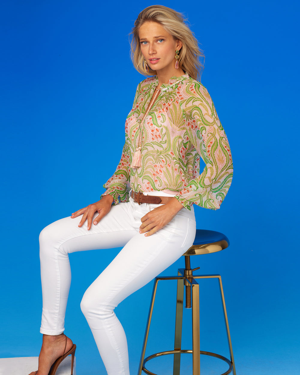 NicoBlu® Artemisia Chiffon Peasant Blouse in Blue Mediterranean Swirl