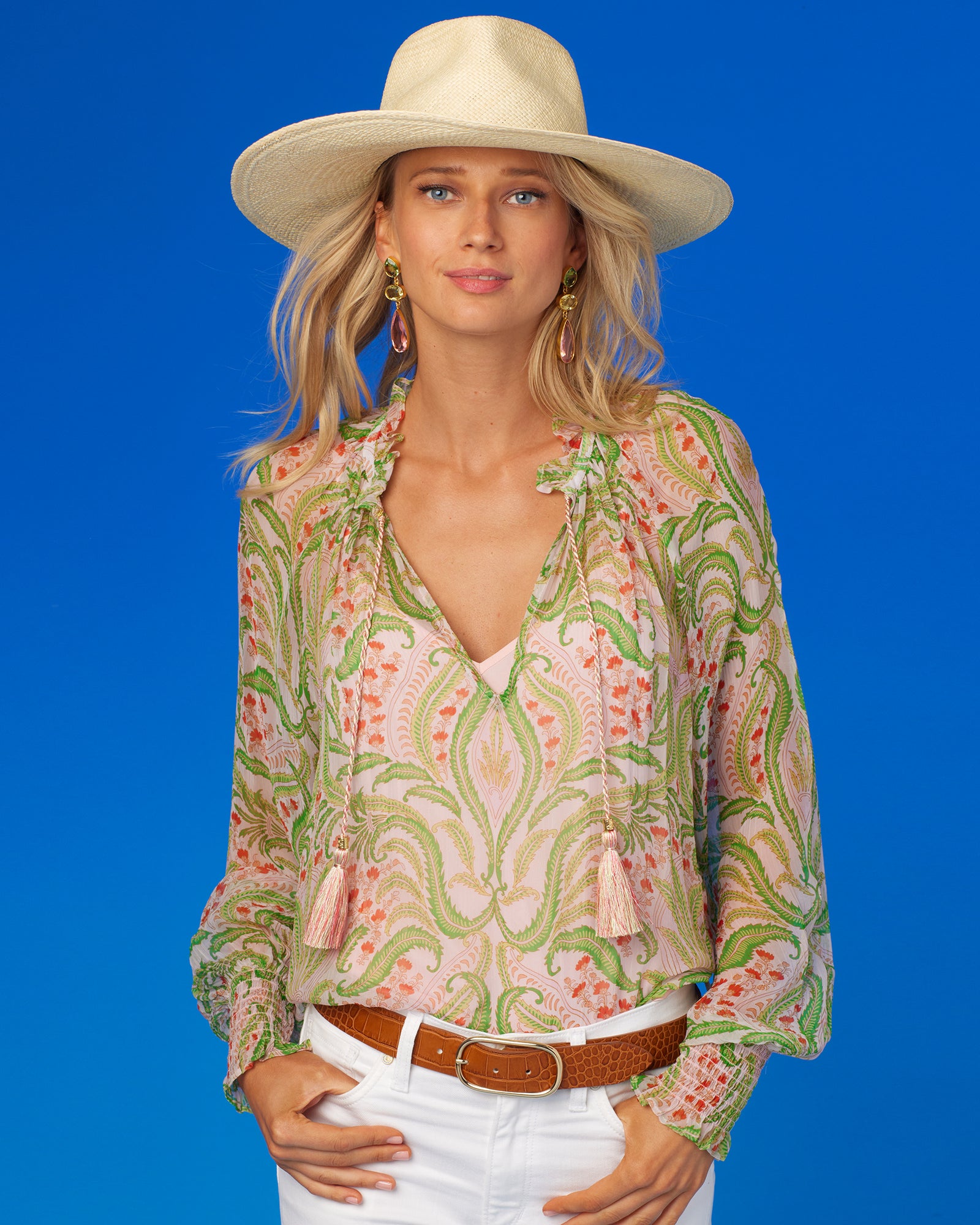 NicoBlu® Artemisia Chiffon Peasant Blouse in Blue Mediterranean Swirl