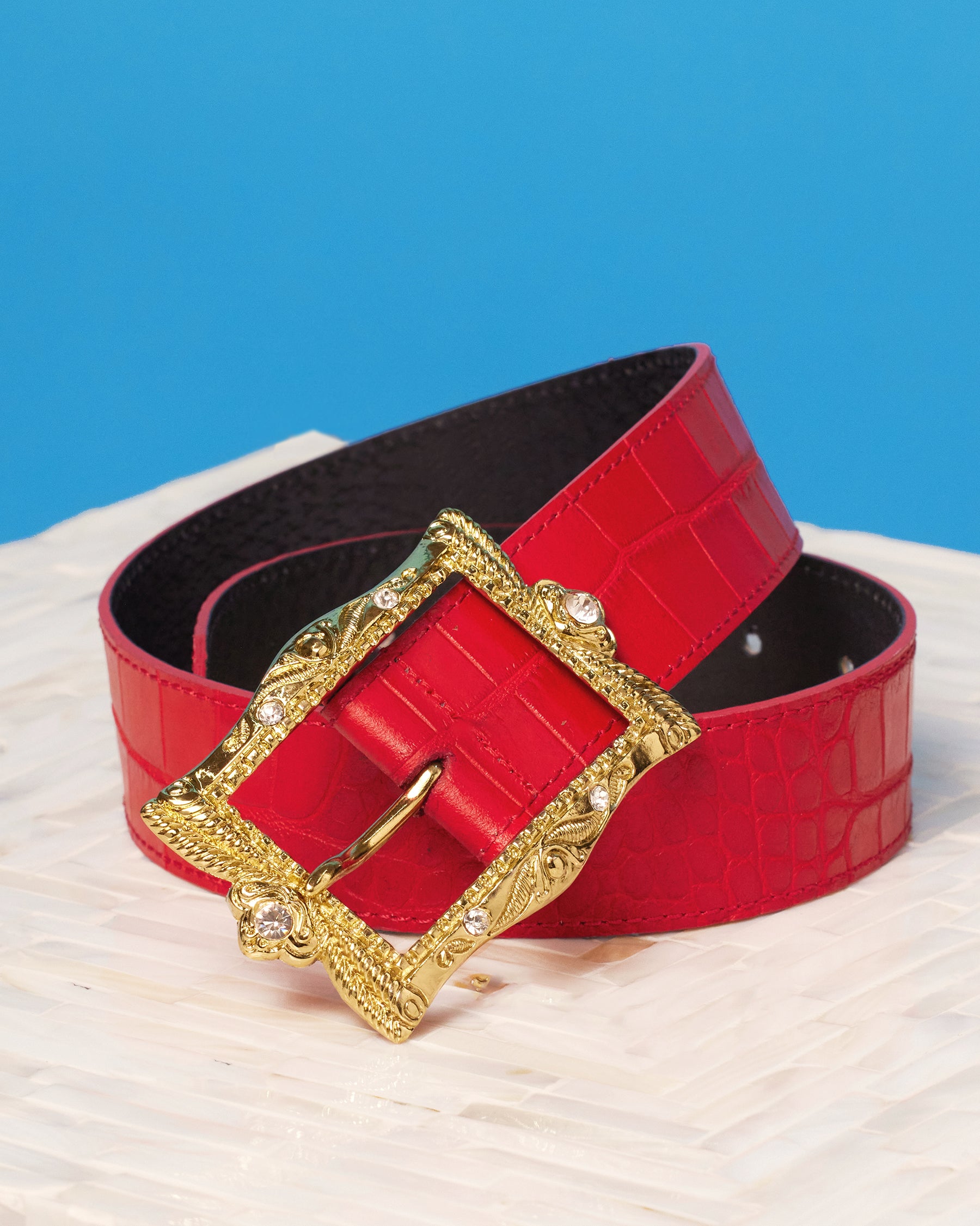 NicoBlu® Blair Leather Belt in Croc-Embossed Red