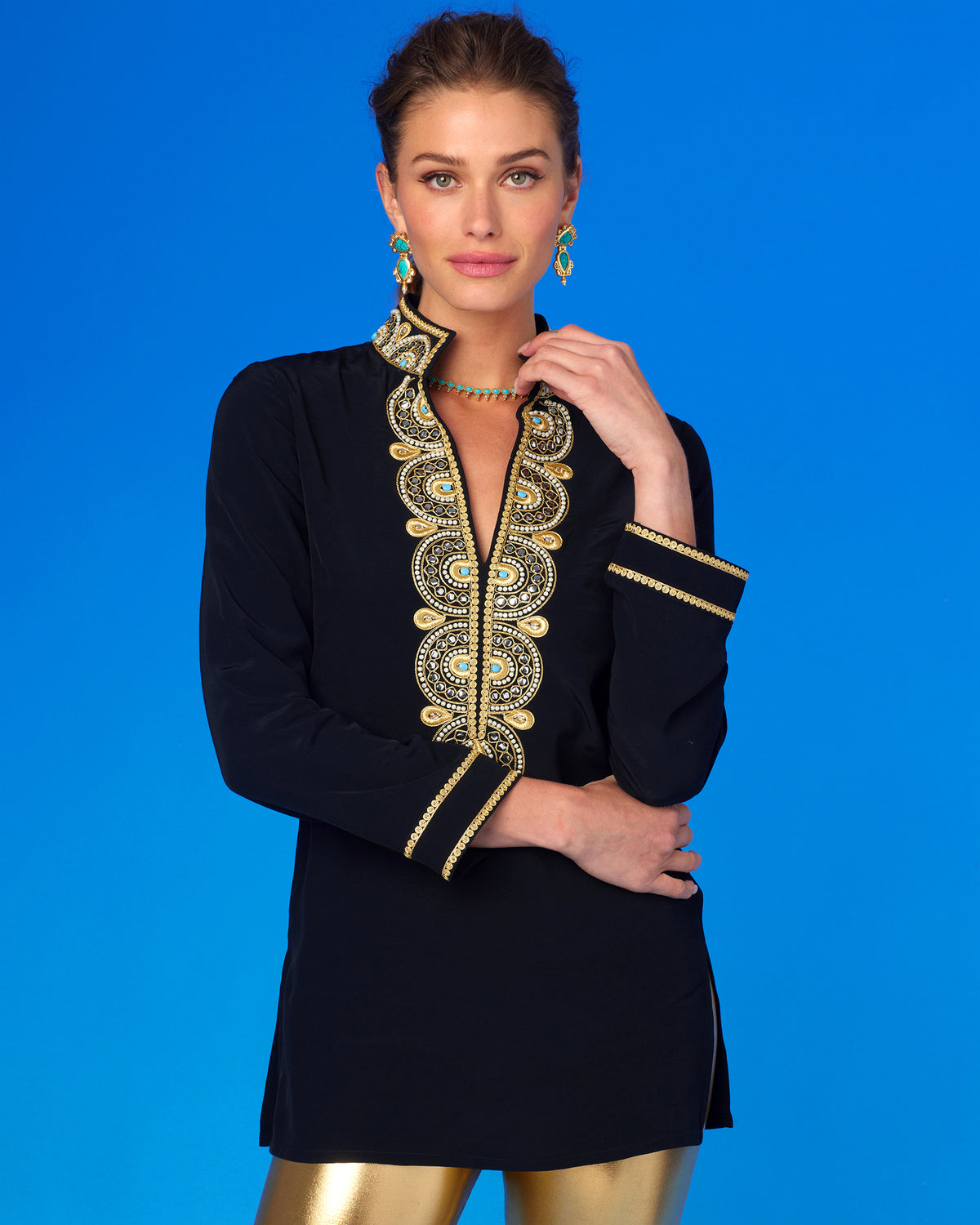 NicoBlu® Noor Black Tunic with Gold Embellishment