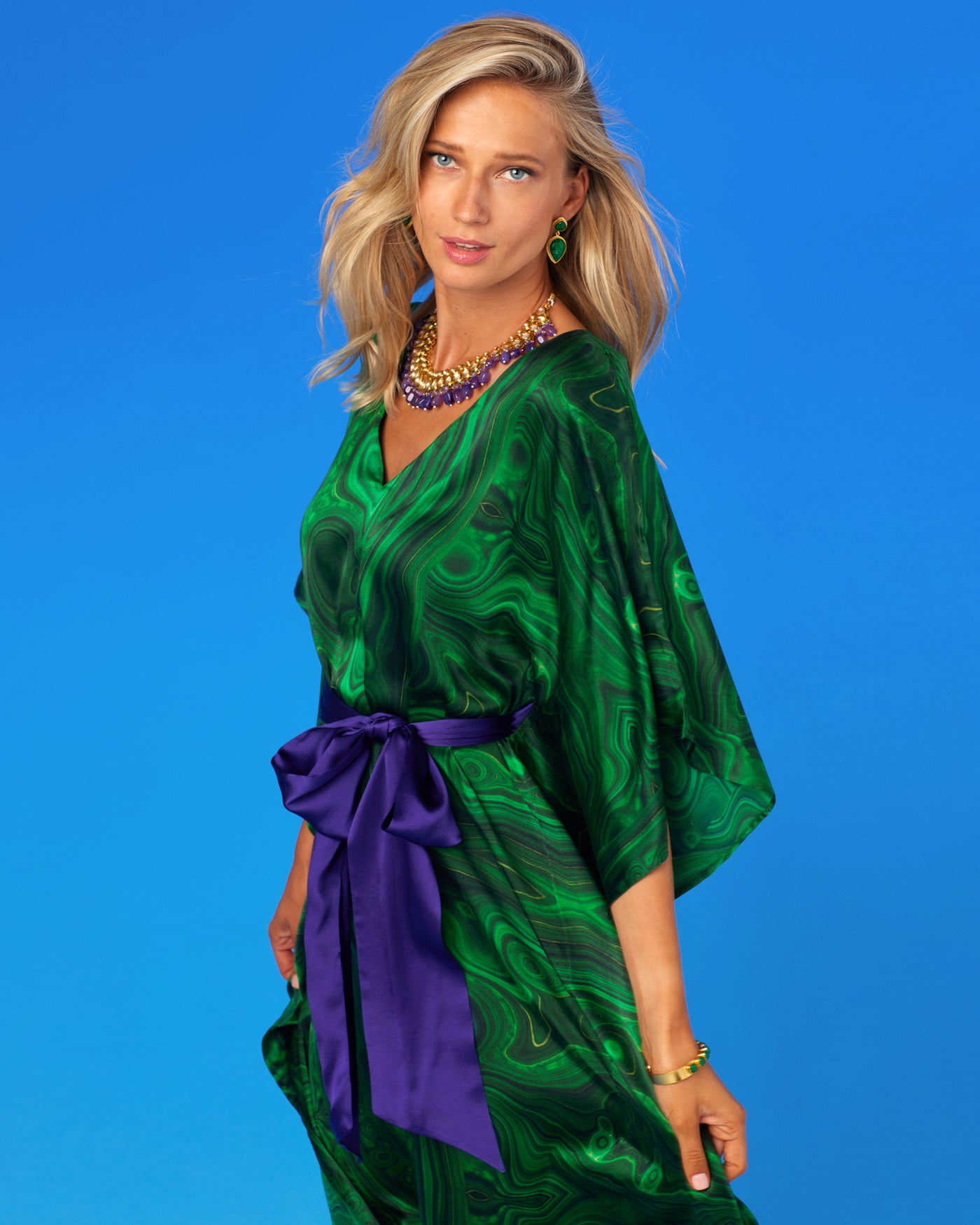 NicoBlu® Regina Belted Silk Kaftan in Precious Malachite