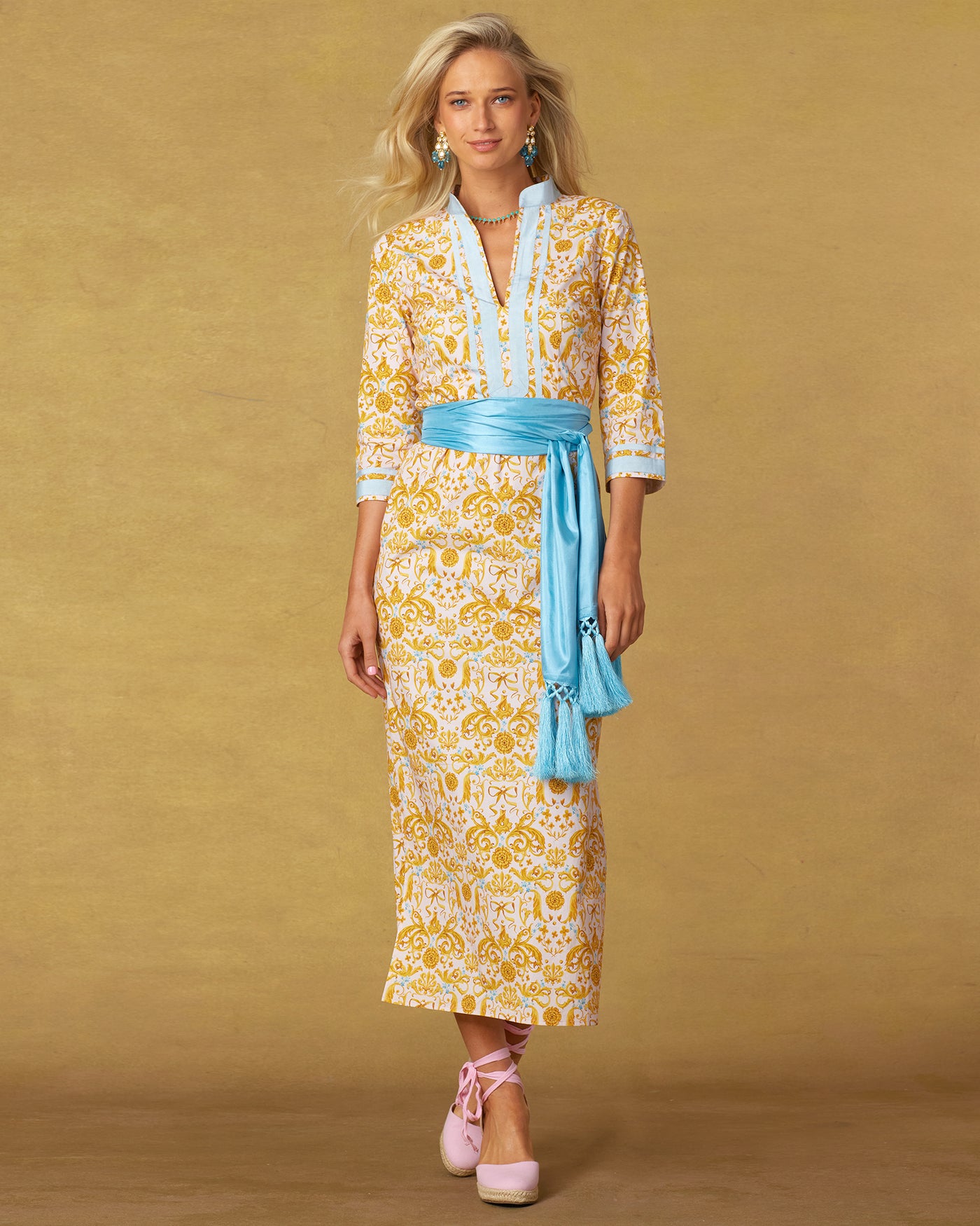 NicoBlu® Capri Long Tunic Dress in Blush Pink French Regency Ribbon Print