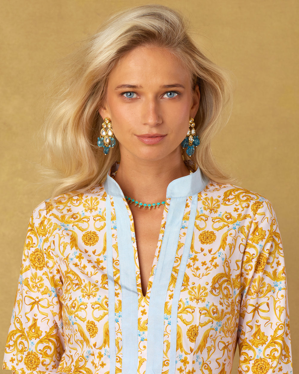 NicoBlu® Capri Long Tunic Dress in Blush Pink French Regency Ribbon Print