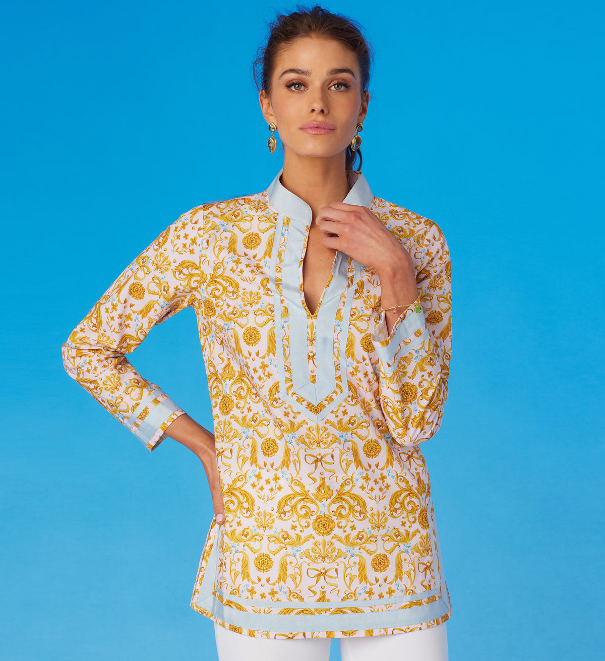 NicoBlu® Capri Tunic in French Regency Ribbon Print in Blush Pink